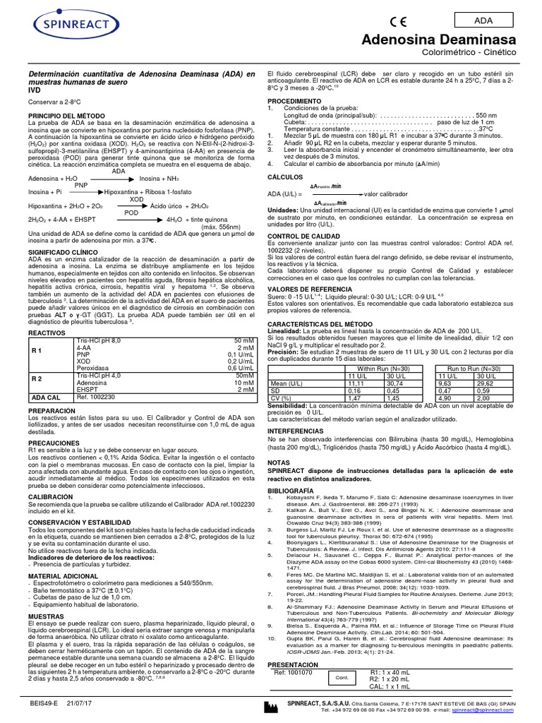 Inserto Spinreact ADA Adenosina Deaminasa 1001070 | PDF | Enzima | Química