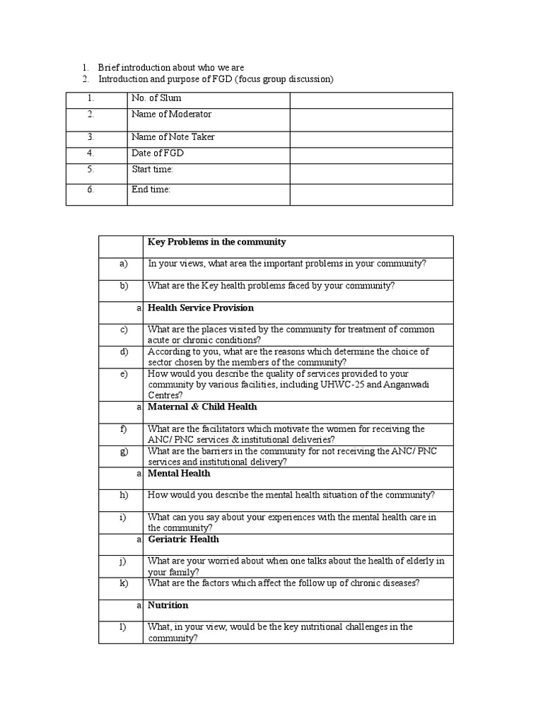FGD Questions For Sector-25 | PDF | Water | Health Care
