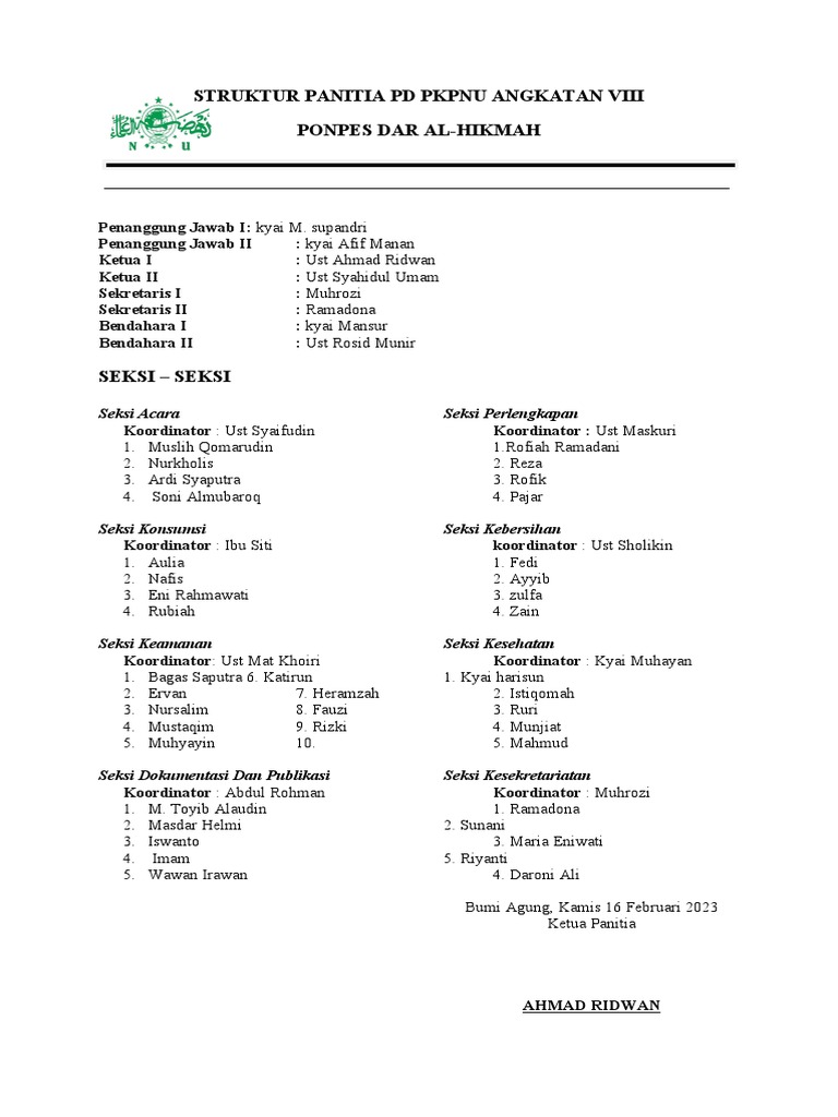 Struktur Panitia Pd Pkpnu Angkatan Viii | PDF