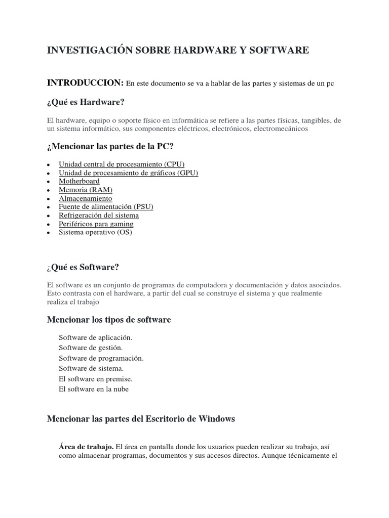 Investigación Sobre Hardware y Software | PDF | Hardware de la computadora | Software