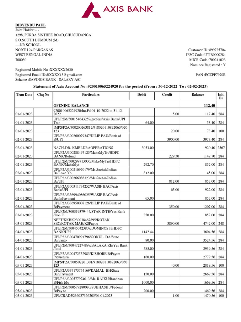 Axis Bank Statement Dec 2022-Feb 2023 | PDF | Banks | Debit Card