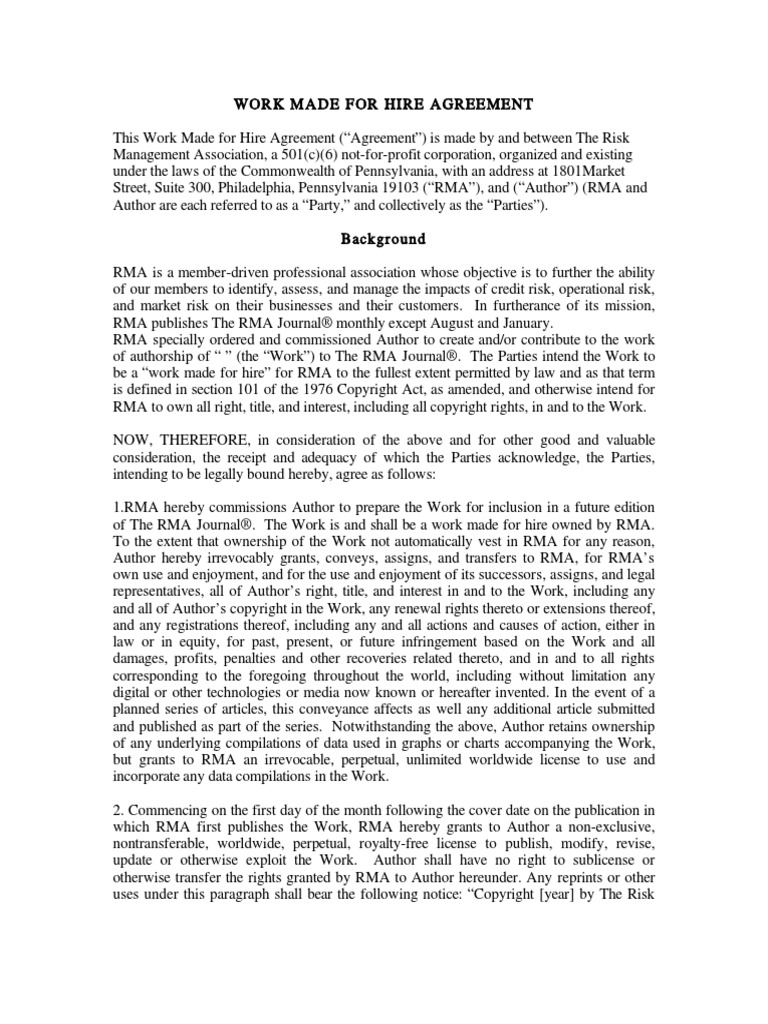 Work Made For Hire Agreement | PDF | Copyright | Trademark