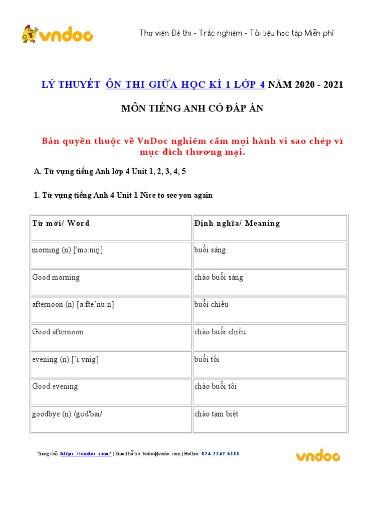 Tu Vung Ngu Phap Tieng Anh Giua Ki 1 Lop 4 | PDF