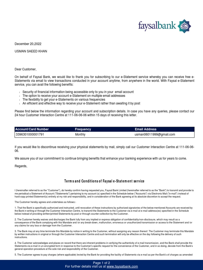 Faysal Bank e-Statement Service Details | PDF | Banks | Subscription Business Model