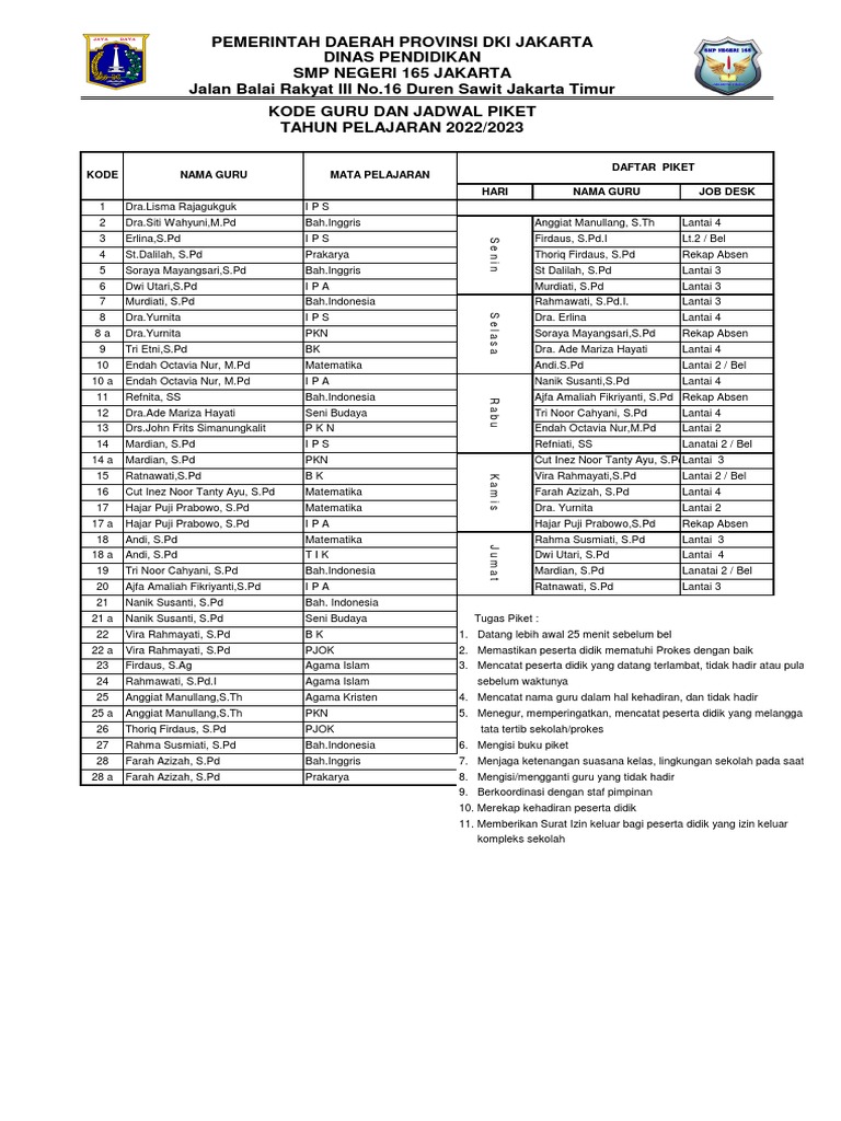 Jadwal Piket Guru SMPN 165 Jakarta | PDF