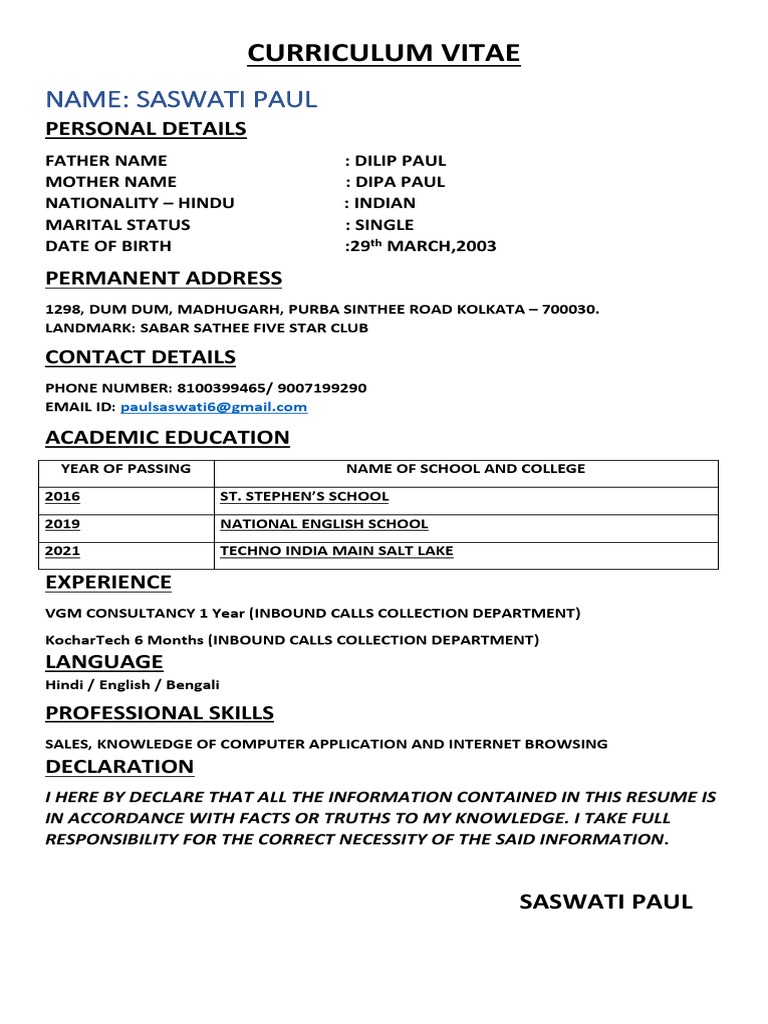 Saswati Paul CV highlights education experience skills | PDF