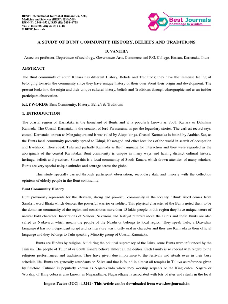 A Study of Bunt Community History, Beliefs and Traditions: D. Vanitha | PDF