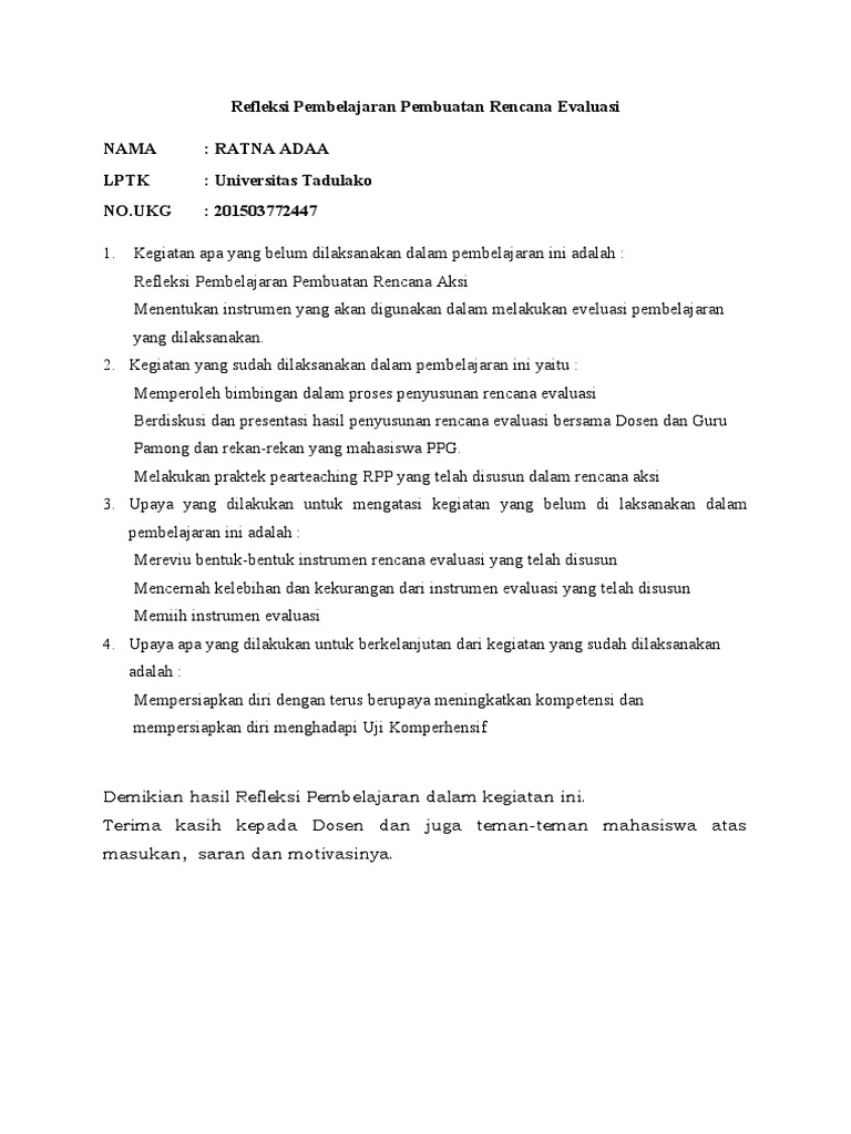 Refleksi Pembelajaran Pembuatan Rencana Evaluasi | PDF | Bisnis | Seni