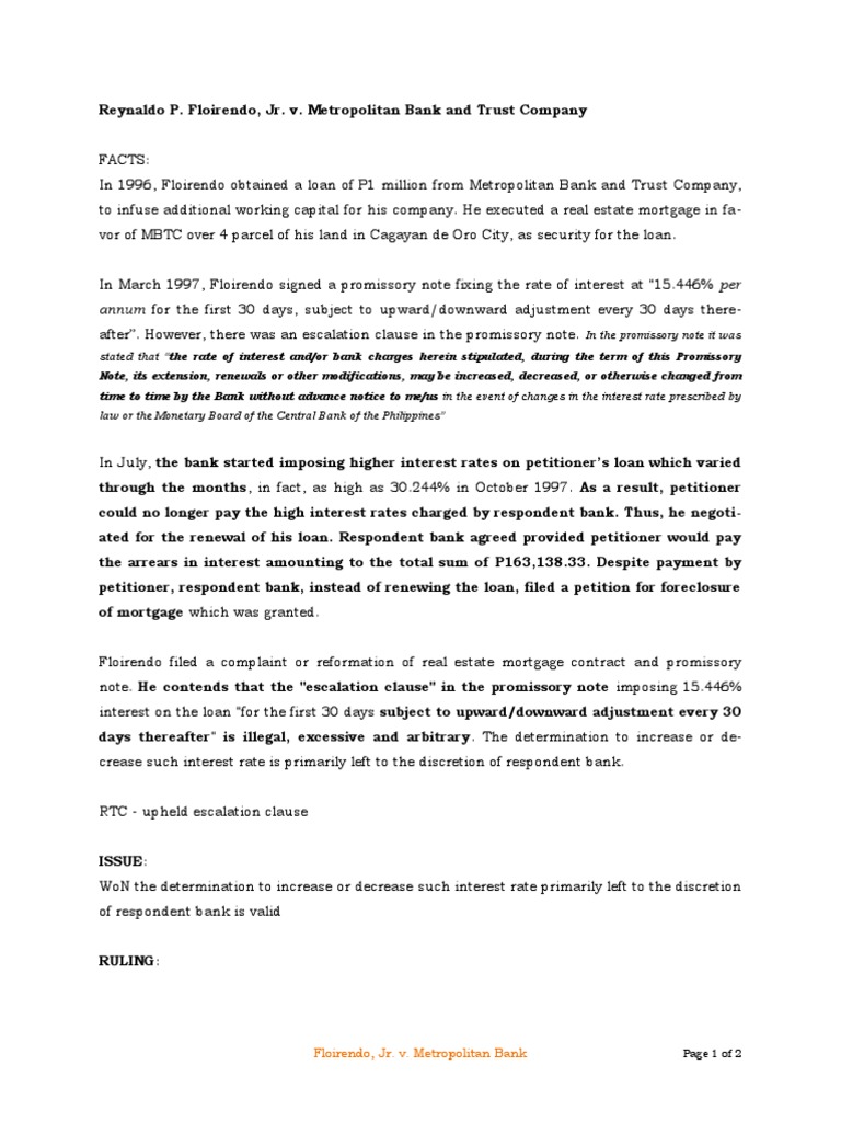 Floirendo v. MBTC: Interest Rate Dispute | PDF | Interest | Loans
