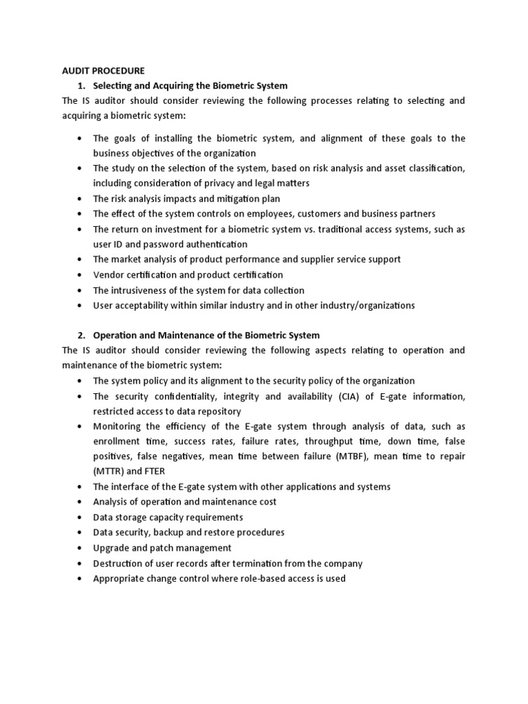 Audit Procedure | PDF | Information Security | Biometrics