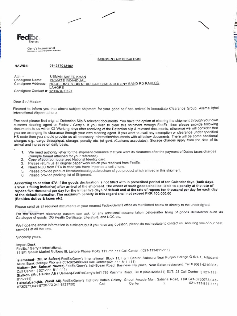 FedEx Shipment Notification and Customs Clearance Instructions | PDF