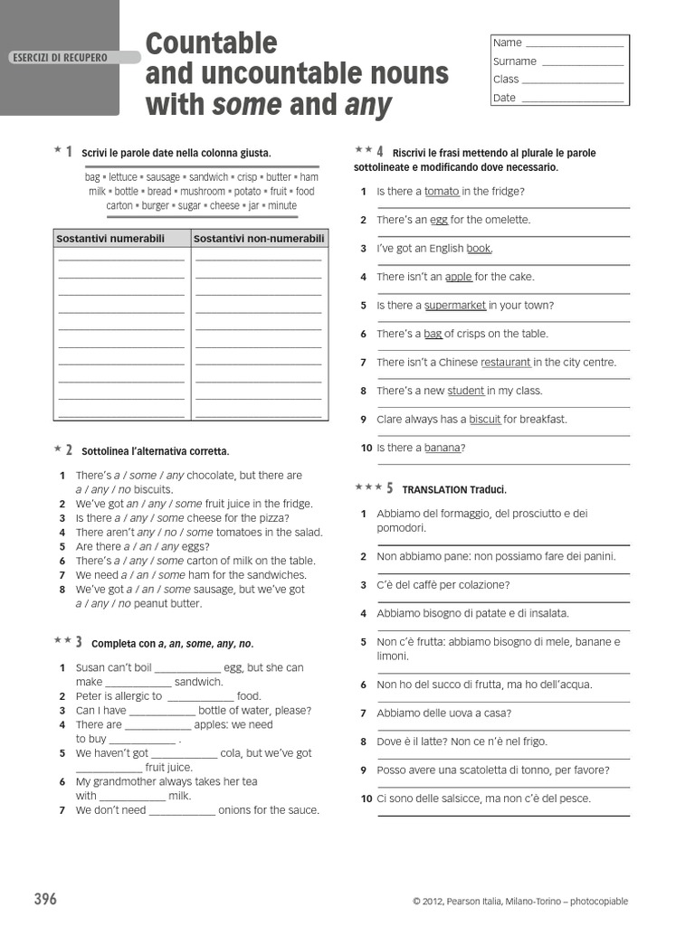 SSSG INGLESE Countable and Uncountable Nouns With Some and Any | PDF ...