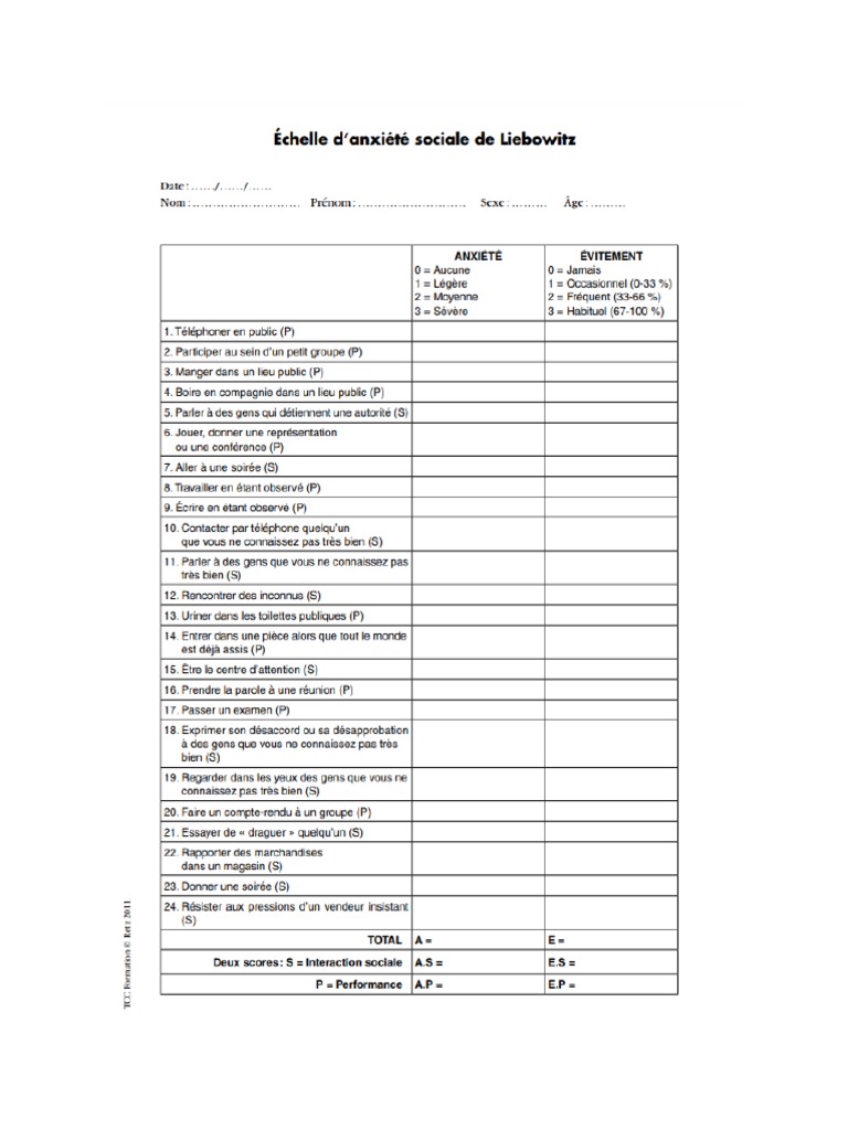 Échelle Anxiété Sociale | PDF