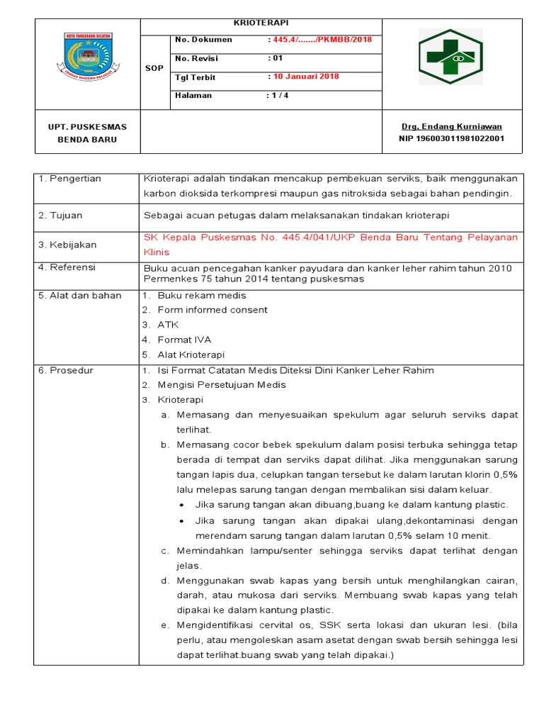 Prosedur Krioterapi Serviks SOP | PDF