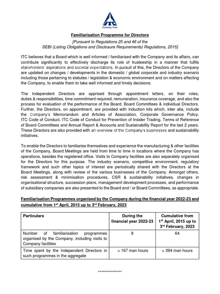 ITC Directors Familiarisation Programme | PDF | Corporate Social ...