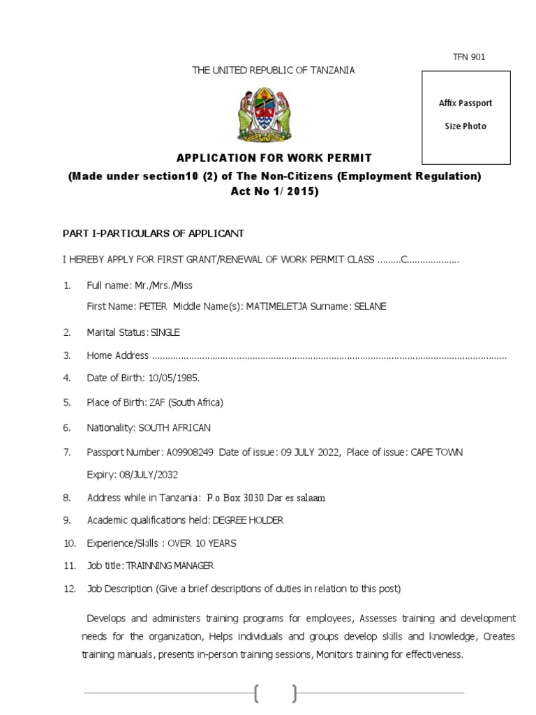 Tanzania Work Permit Application Form | PDF | Human Migration | Labor