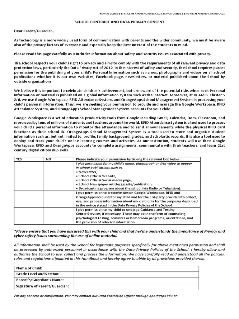 School Contract and Data Privacy Consent Form | PDF | Privacy ...