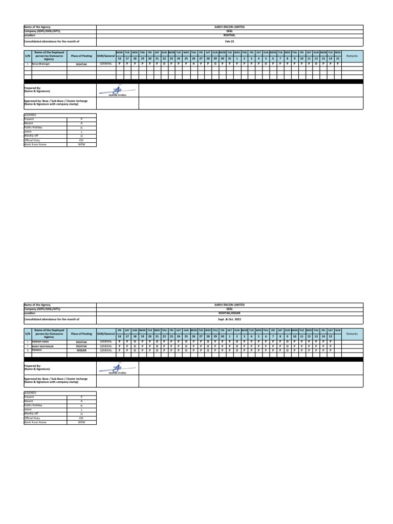 ROHTAK HISSAR Consolidated Time Sheet | PDF
