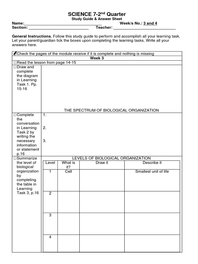 Answer Sheet and Learning Guide Week 3-4 | PDF | Cell (Biology) | Organelle