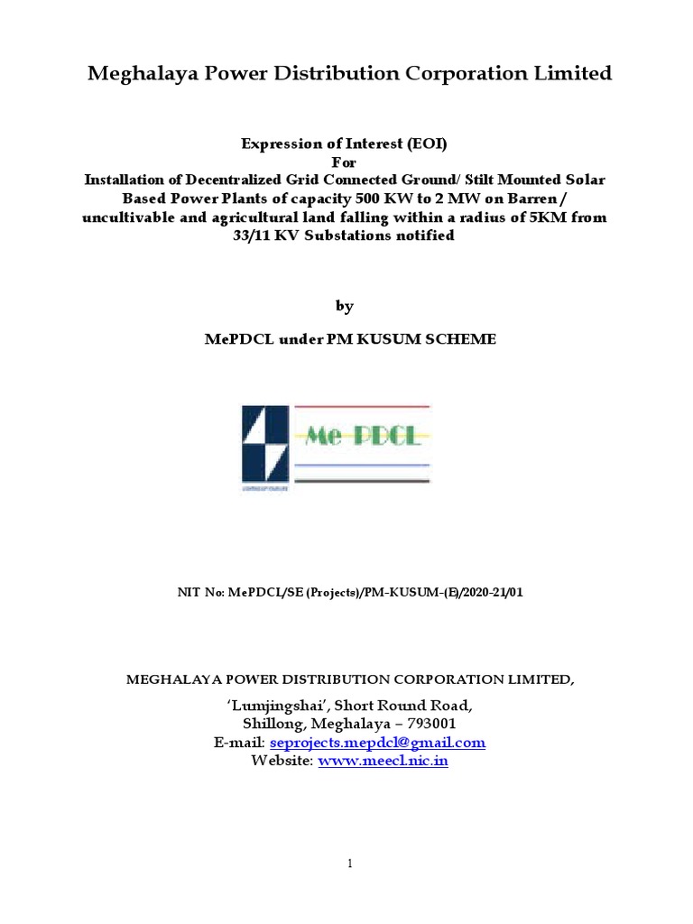 Eoi Mepdcl For Kusum Component A | PDF | Lease | Solar Power