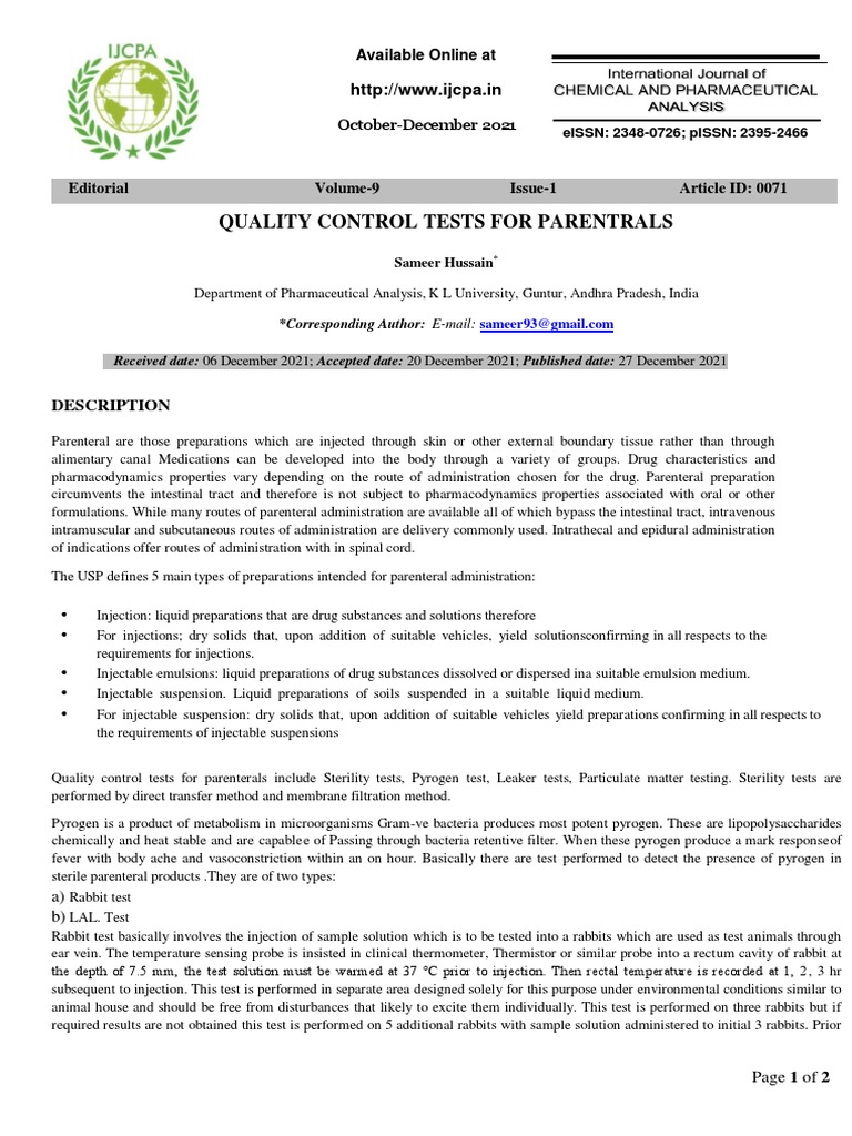 Quality Control Test For Parentral | PDF | Injection (Medicine) | Medicine