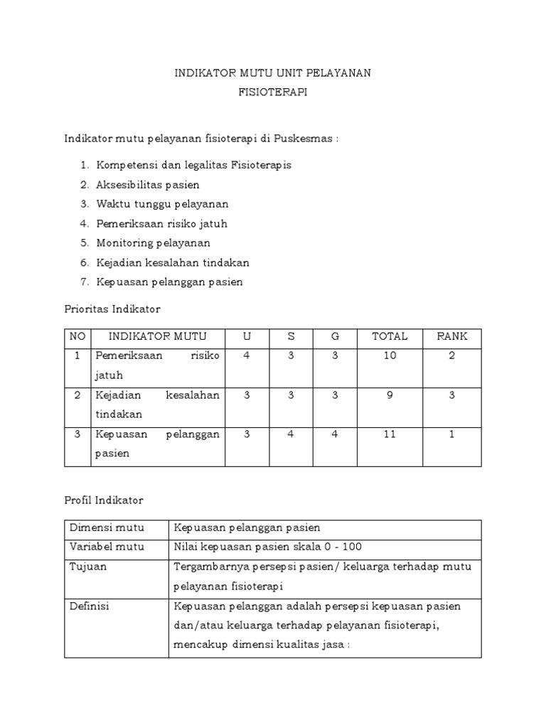 Indikator Mutu Unit Pelayanan FT | PDF
