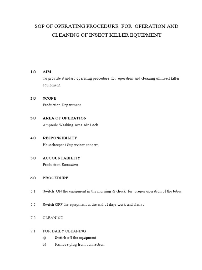 Sop of Operating Procedure For Operation and Cleaning of Insect Killer ...