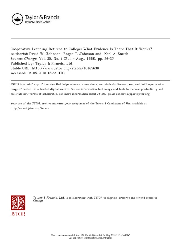 Cooperative Learning Returns To College What Evidence Is There That It ...