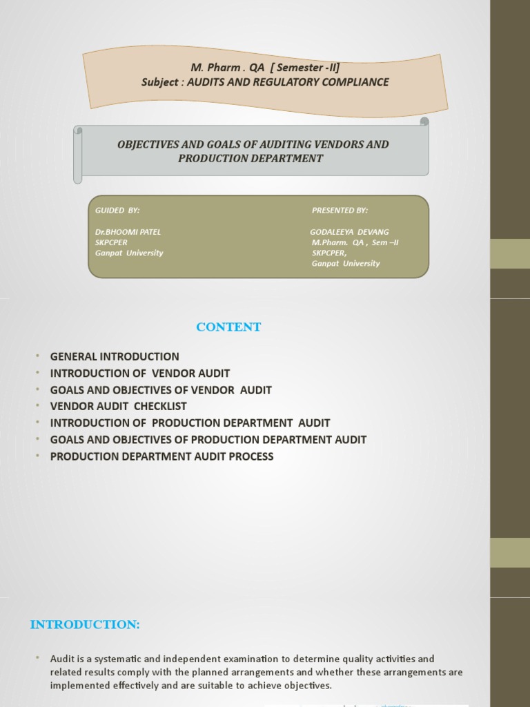 Objectives and Goals of Auditing Vendors and Production Department 2.-1 ...