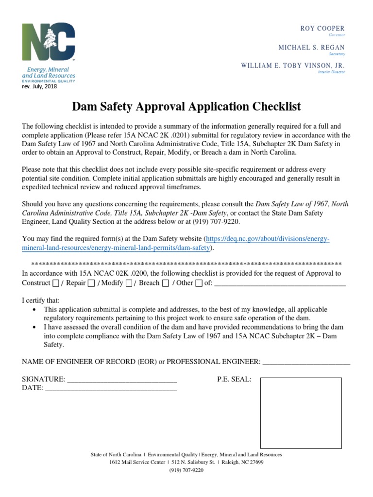 ApprovalApplicationChecklist NCDEQ 20180725 | PDF | Discharge ...