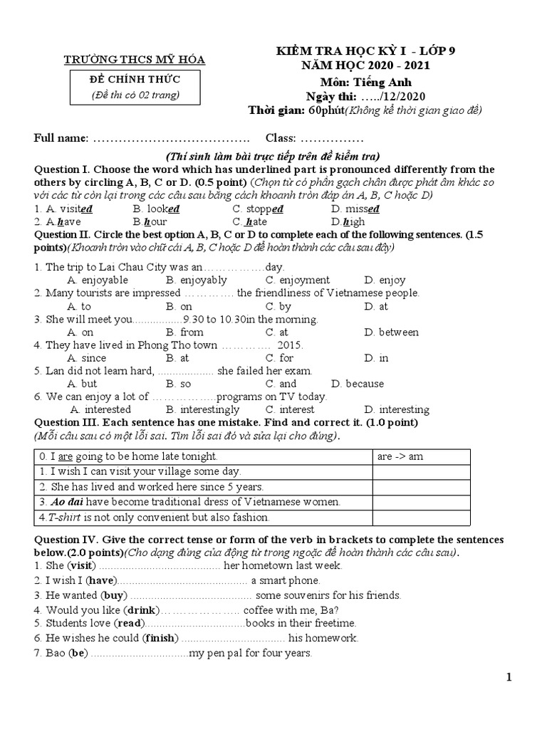 De Thi Hoc Ki 1 Mon Tieng Anh Lop 9 | PDF | Clothing | Vietnam