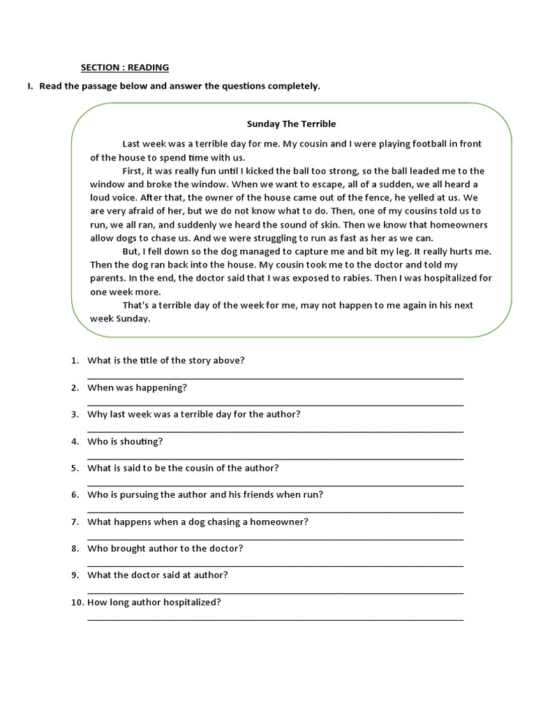 Section: Reading I. Read The Passage Below and Answer The Questions ...