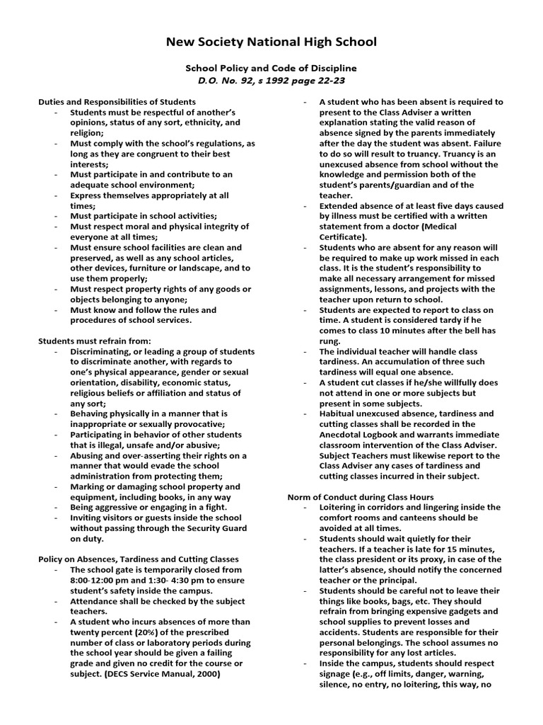 Nsnhs Code of Discipline | PDF | Schools | Teachers