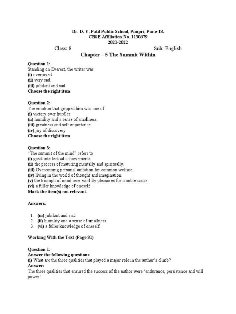 Class 8 Chapter 5 The Summit Within | PDF | Mount Everest