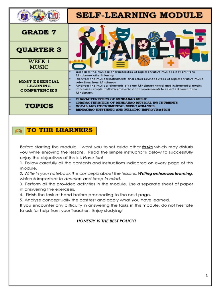 MAPEH 7 Q3 Week 1 | PDF | Musical Instruments | Singing