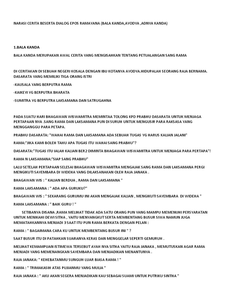 Cerita Ramayana, Bala Kanda, Ayodya Kanda, Adnya Kanda | PDF