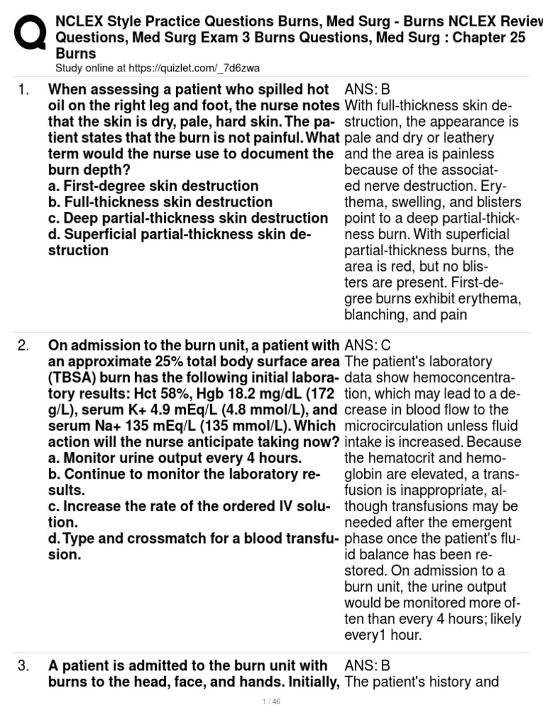 NCLEX Style Practice Questions Burns, Med Surg - Burns NCLEX Review ...