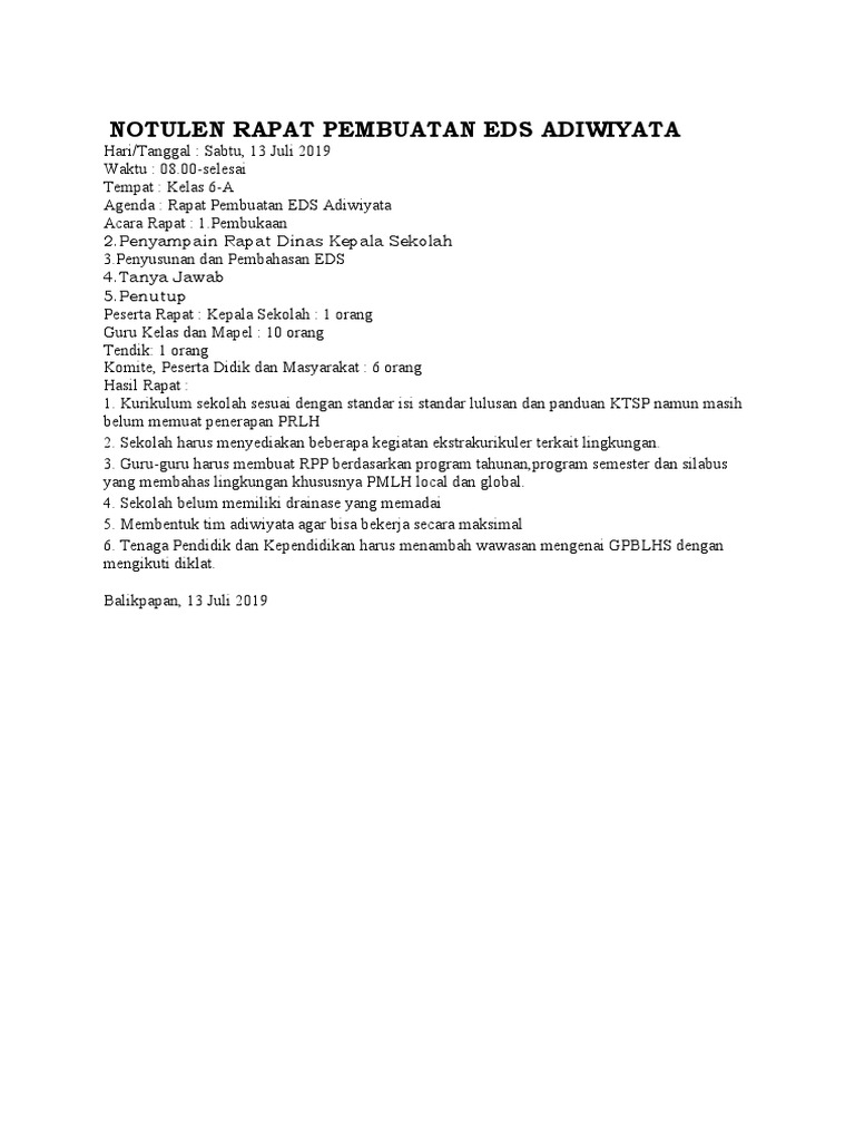 Notulen Rapat Pembuatan Eds Adiwiyata | PDF