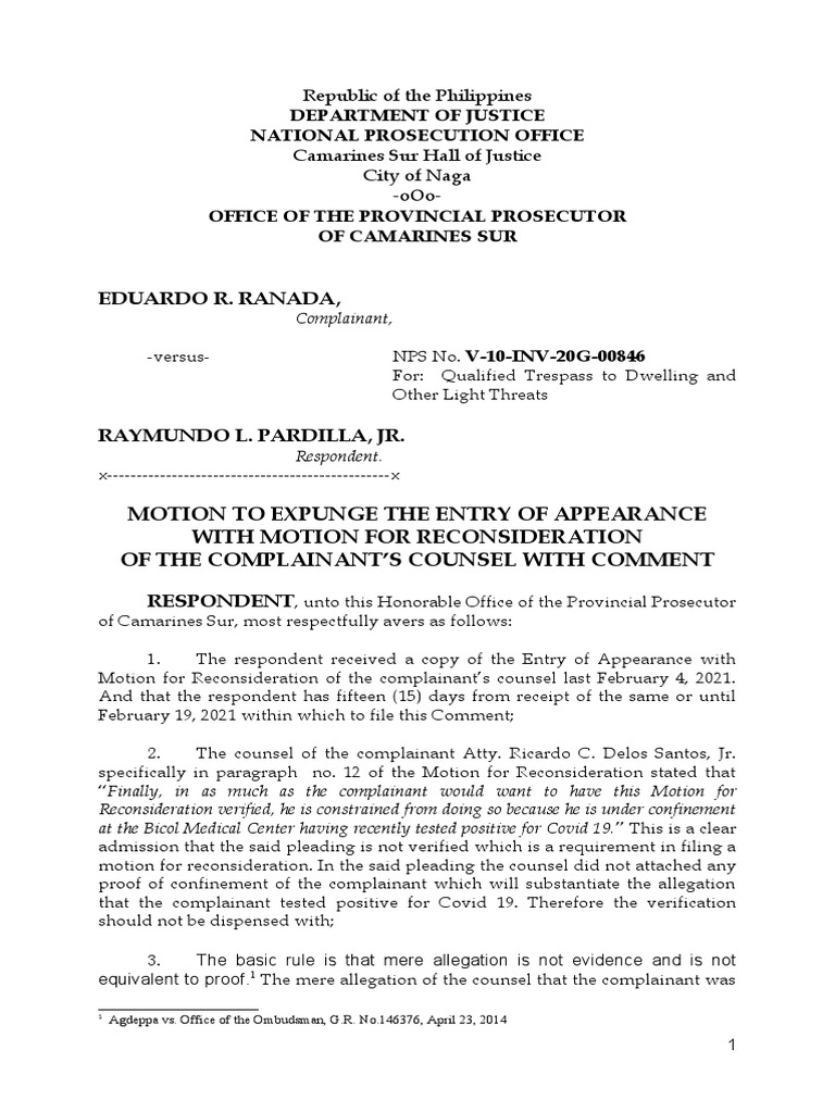 Motion to Expunge Entry of Appearance | PDF | Common Law | Justice