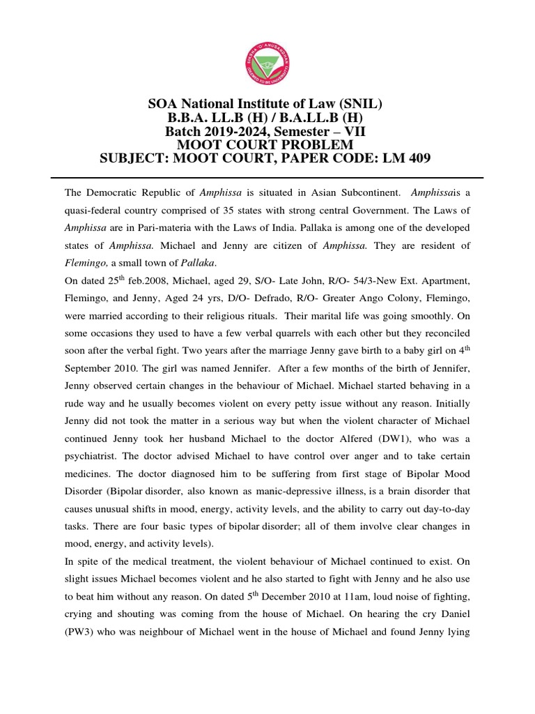 Moot Proposition Sem - Vii Batch 2019-24 | PDF | Insanity Defense | Acquittal