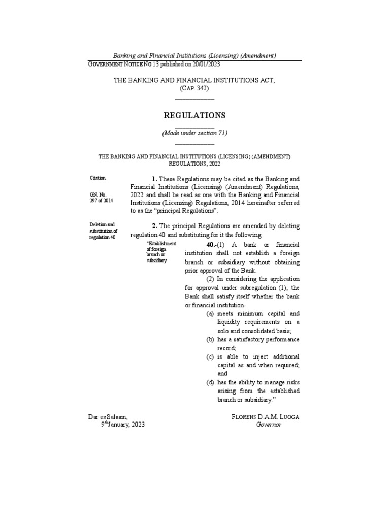 Banking Licensing Regulations Amendment 2022 | PDF | Banks | Financial ...