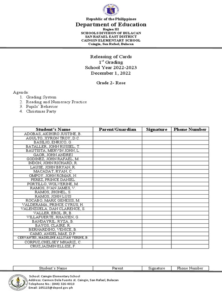 Releasing of Cards for the 1st Grading of School Year 2022-2023 for ...