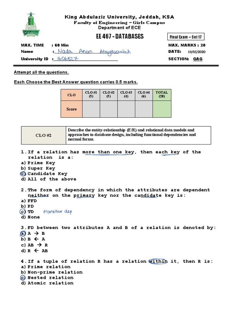 EE467 Final 2020 - Q17 Solutions | PDF | Relational Model | Databases