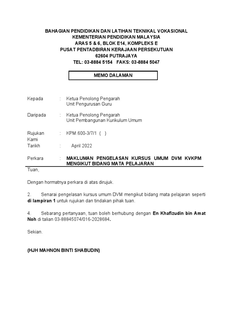Memo Kursus DVM Mengikut Bidang Mata Pelajaran | PDF