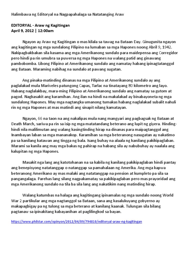 Halimbawa NG Editoryal Na Nagpapahalaga Sa Natatanging Araw | PDF