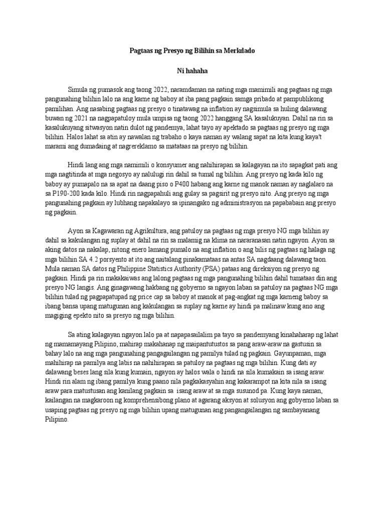 Pagtaas NG Presyo NG Bilihin Sa Merkdado | PDF