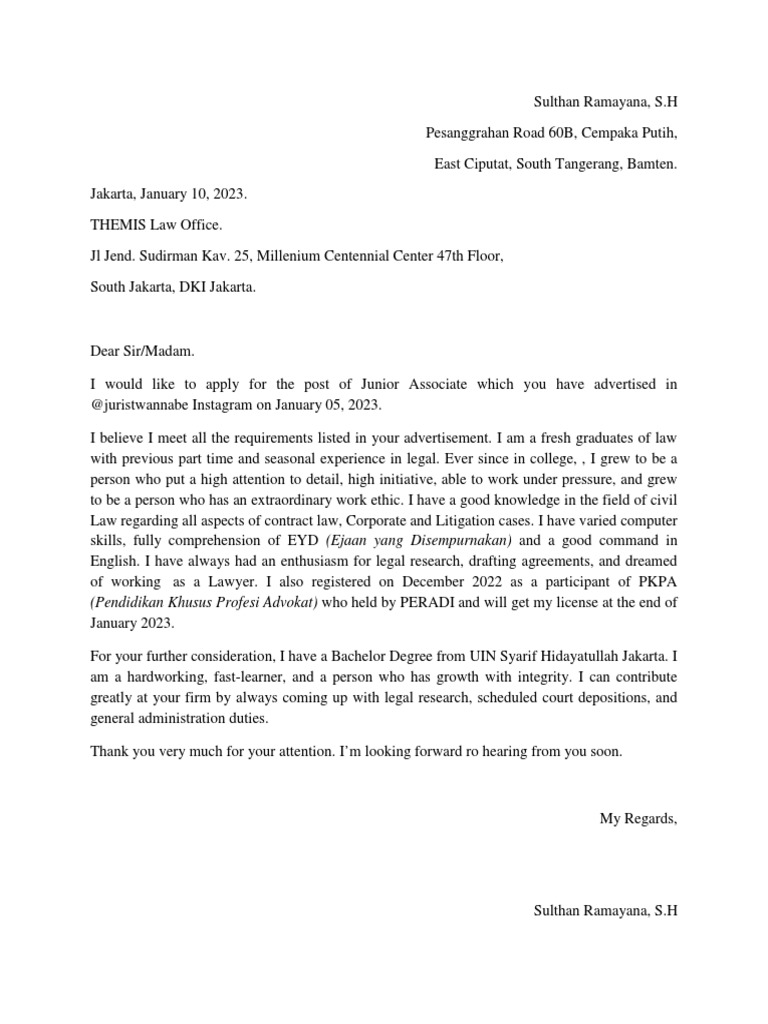 Cover Letter - Sulthan Ramayana | PDF