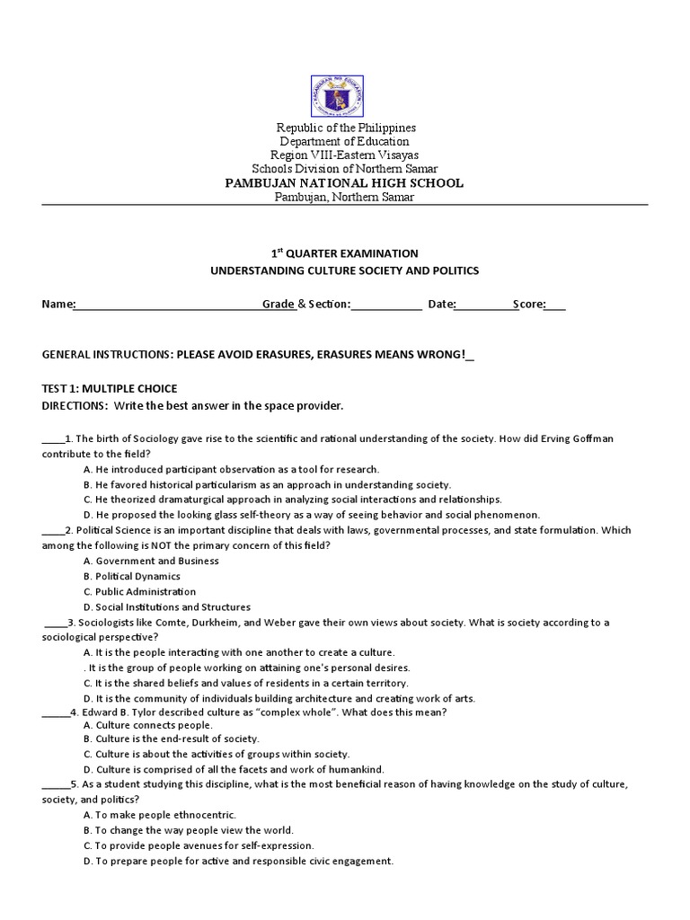 1st Quarter Exam Ucsp | PDF | Socialization | Sociology
