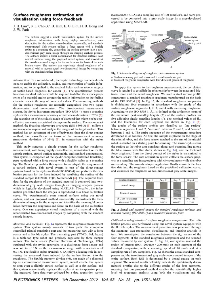 Surface Roughness Estimation and Visualisation Using Force Feedback | PDF | Surface Roughness ...