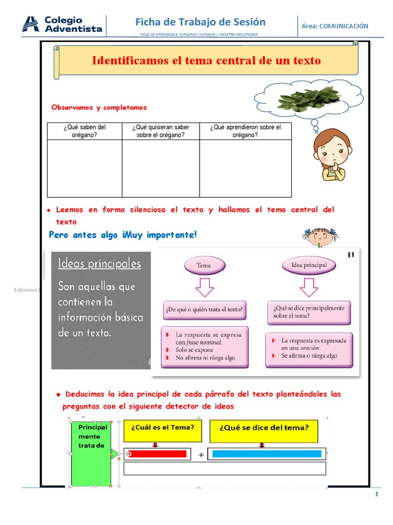 ficha de trabajo Identificamos tema central de un texto. | PDF ...